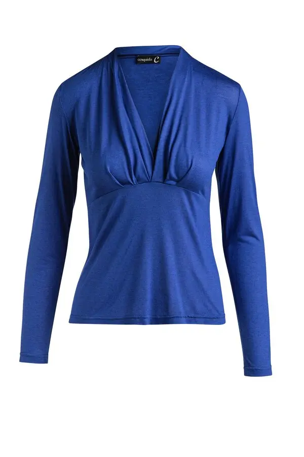 CONQUISTA Cashmere Blend Long Sleeve Faux Wrap Top In Stretch Jersey Sustainable Fabric - Blue