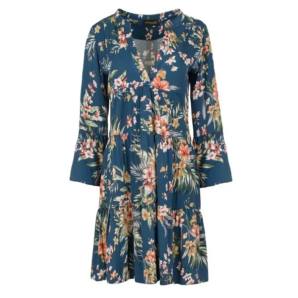 CONQUISTA Floral A Line Dress With Bell Sleeves - Blue