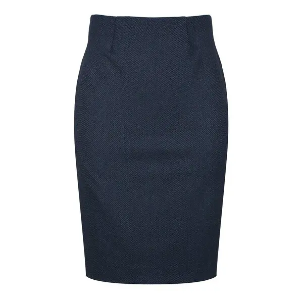 CONQUISTA Classic Navy Pencil Midi Skirt – Subtle Pinstripe, Elastic Fabric, Back Slit - Blue