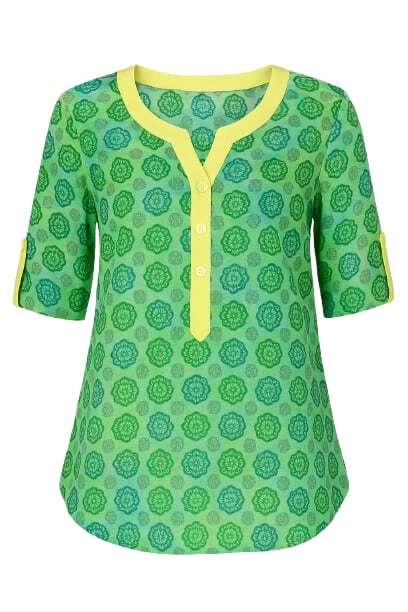 CONQUISTA Print Poplin Top With Yellow Trim