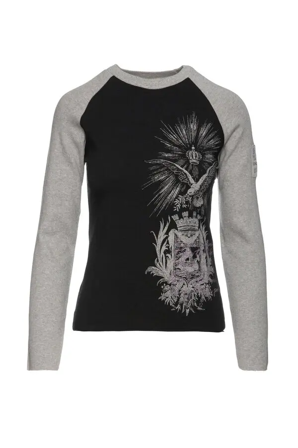 CONQUISTA Black & Print Top With Embroidery Detail - Grey