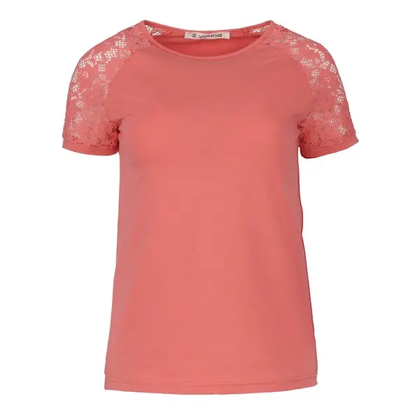 CONQUISTA Coral Top With Short Lace Sleeves - Pink