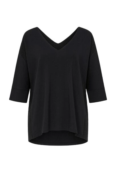 CONQUISTA Loose Fit V Neck Top With ¾ Sleeves Fashion - Black