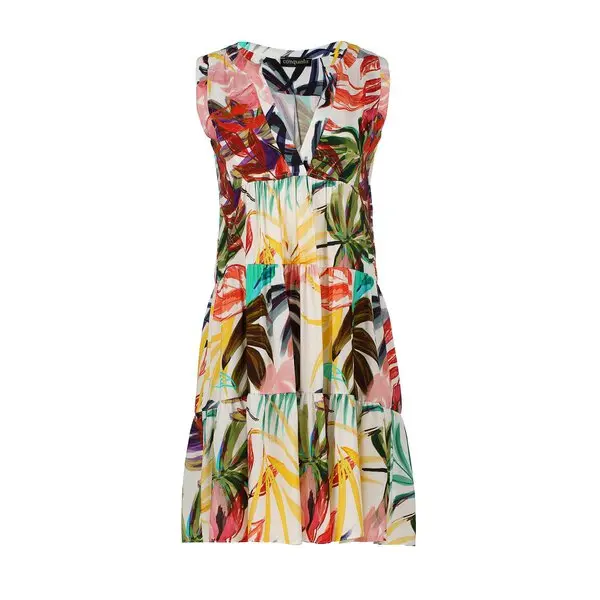 CONQUISTA Neutrals Ecru Leaf Print Sleeveless Dress - Beige