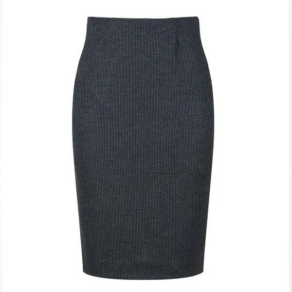 CONQUISTA Charcoal Ribbed Pencil Midi Skirt – Subtle Stripe, Elastic Fit, Back Slit - Grey