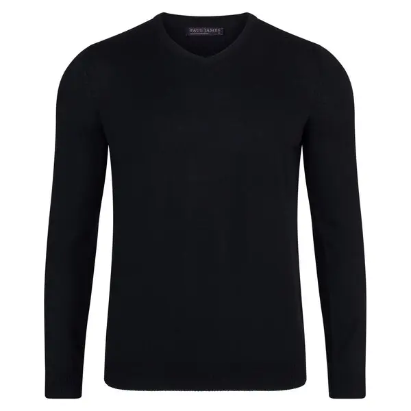PAUL JAMES KNITWEAR Extra Fine Merino Wool Chester V-neck Jumper - Black