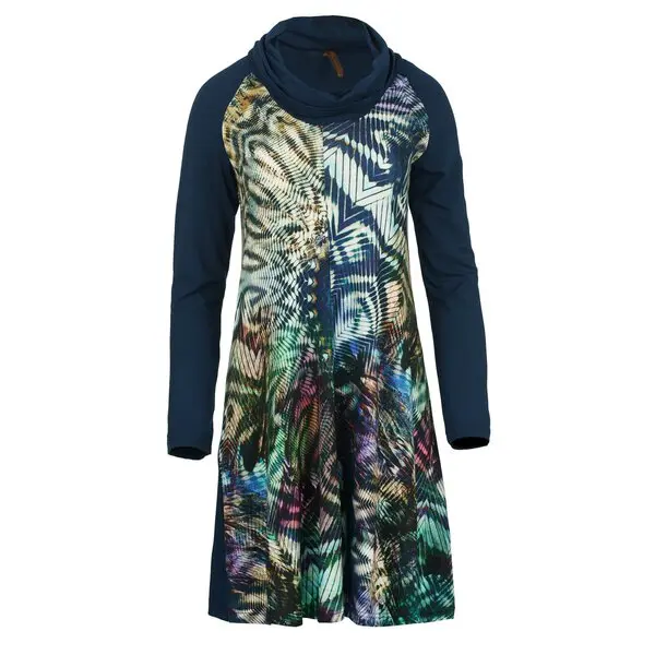 CONQUISTA A Line Turtle Neck Dress In Print & Solid Colour Stretch Jersey Fabric - Blue