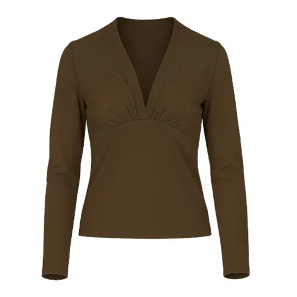 CONQUISTA Seal Long Sleeve Faux Wrap Top In Stretch Jersey Sustainable Fabric - Brown