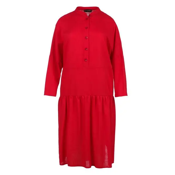 CONQUISTA Linen Style Oversized Dress With Buttons - Red