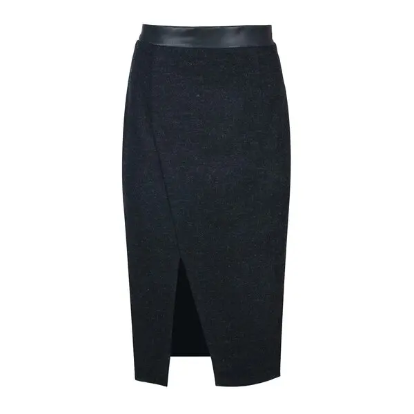 CONQUISTA Wool Pencil Skirt With Faux Leather Waistband – Front Slit - Black
