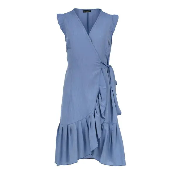 CONQUISTA Denim Sleeveless Ruffled Wrap Dress In Tencel Poplin - Blue
