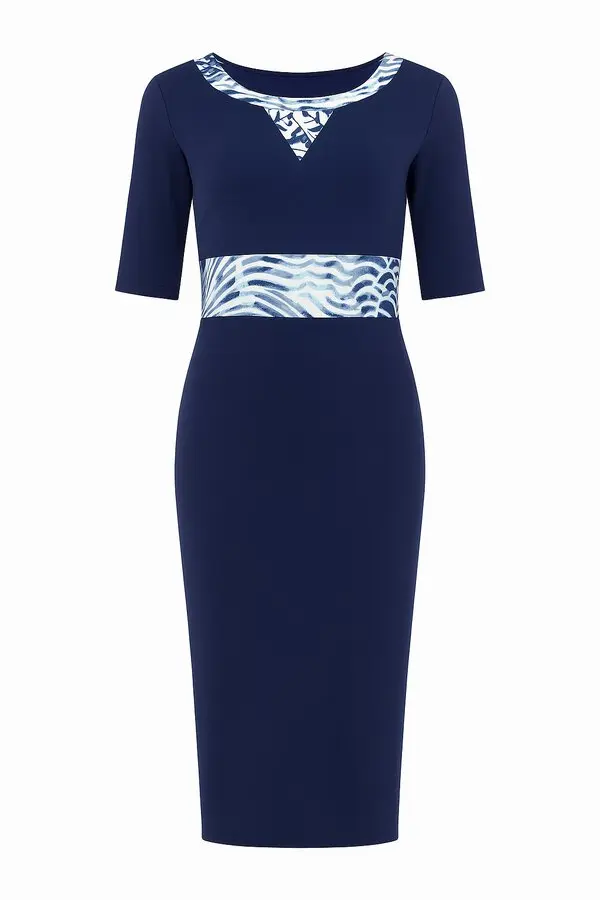 CONQUISTA Navy Viscose-elastane Jersey Midi Dress With Patterned Waistband - Blue