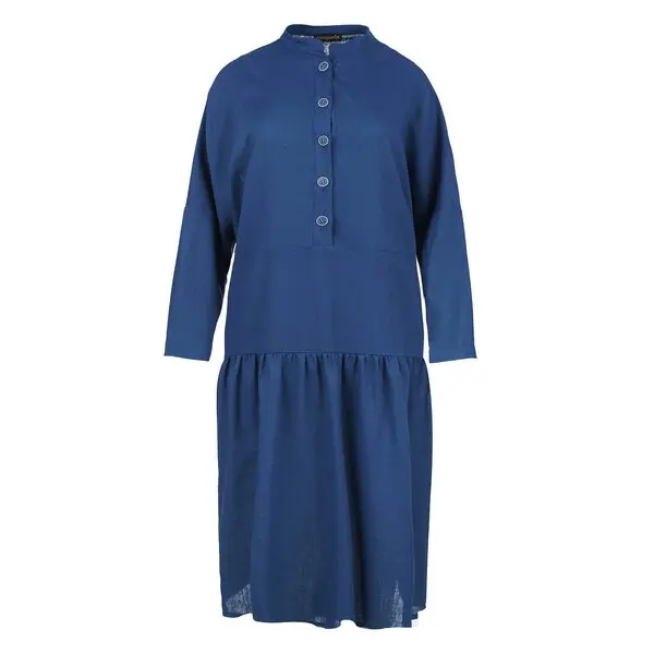 CONQUISTA Linen Style Oversized Dress With Buttons - Blue