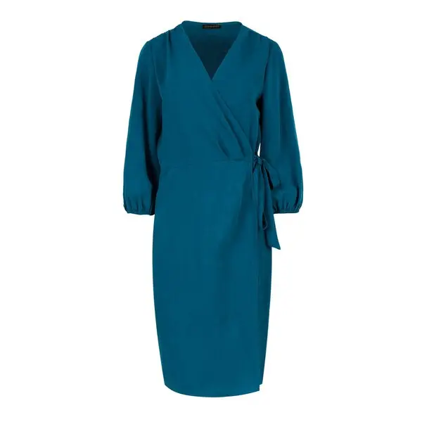 CONQUISTA Long Sleeve Tencel Midi Wrap Dress - Blue