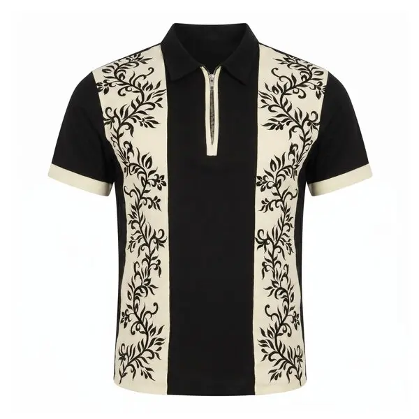 INTERNATIONAL APPEAL Black / White Embroidered Panel Shirt Short-sleeve