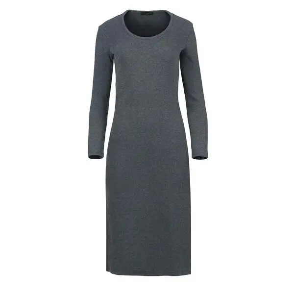 CONQUISTA Long Sleeve Round Neck Midi Dress In Ribbed Cotton-elastane Anthracite - Grey