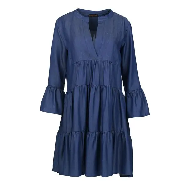 CONQUISTA Satin Denim Gathered Seams Dress - Blue