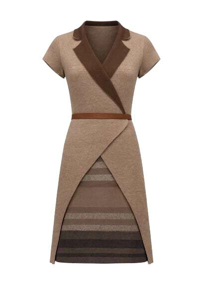 CONQUISTA Cap Sleeve Dress In Two Fabrics - Brown