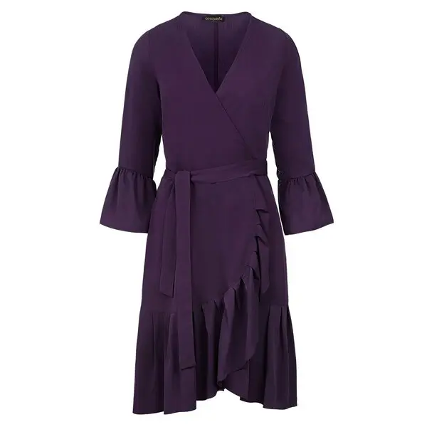 CONQUISTA Aubergine Wrap Dress Viscose With Bell Sleeves - Blue