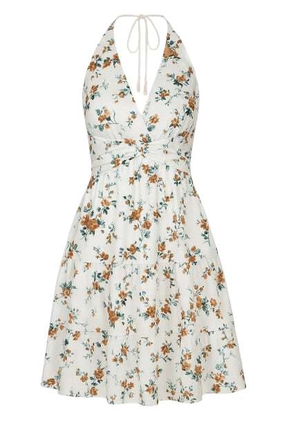 CONQUISTA Neutrals Ecru Floral Empire Line Mini Dress - Beige