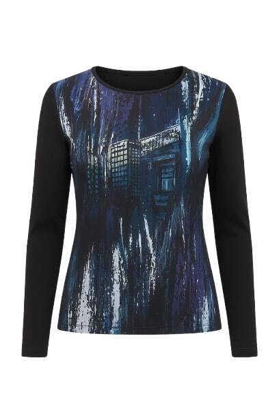 CONQUISTA Long Sleeve Print Top Fashion - Black