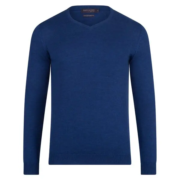 PAUL JAMES KNITWEAR Extra Fine Merino Wool Chester V-neck Jumper Indigo - Blue
