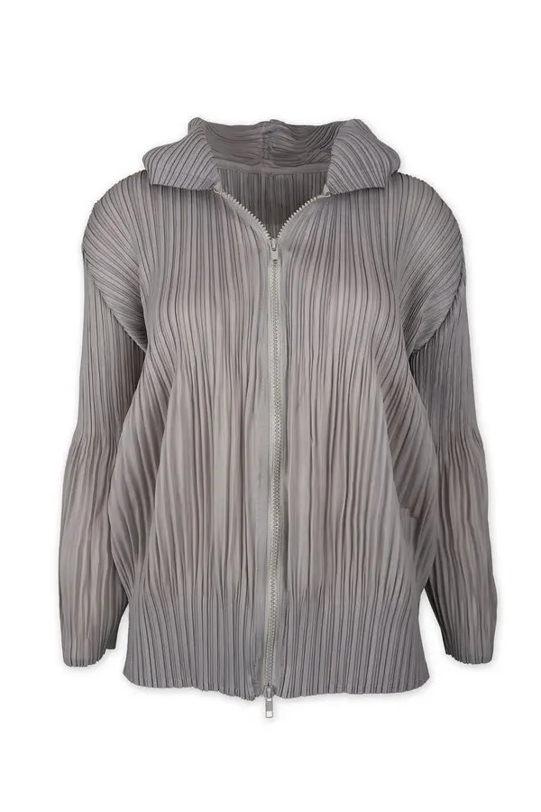 WILD COSMOS Vanessa Plissé Satin Zip-up Hooded Jacket - Grey