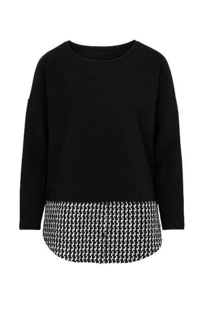 CONQUISTA Houndstooth & Button Detail Long Sleeve Top With Optional Shirt Collar Fashion - Black