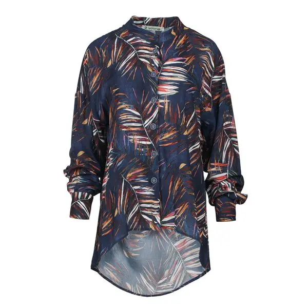 CONQUISTA Leaf Print Blouse With Mandarin Collar