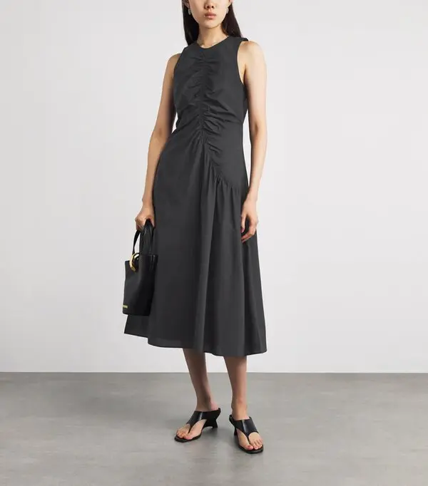 Theory Cotton Ruched Asymmetric Midi Dress - Black