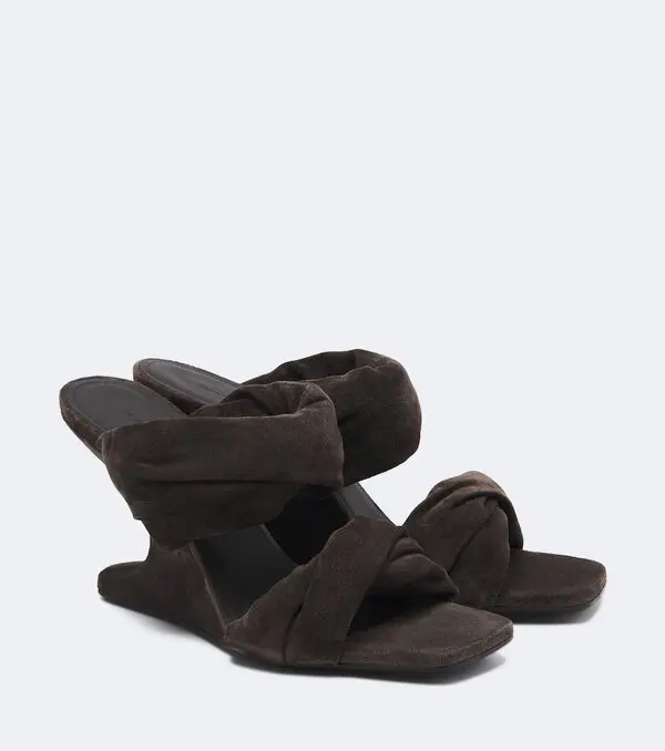 Rick Owens Twisted Cantilever Suede Wedge Mules - Brown