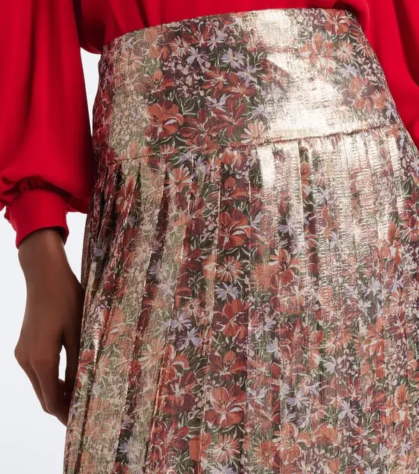 Valentino Garavani Floral Pleated Silk-blend Lame Midi Skirt - Multicoloured