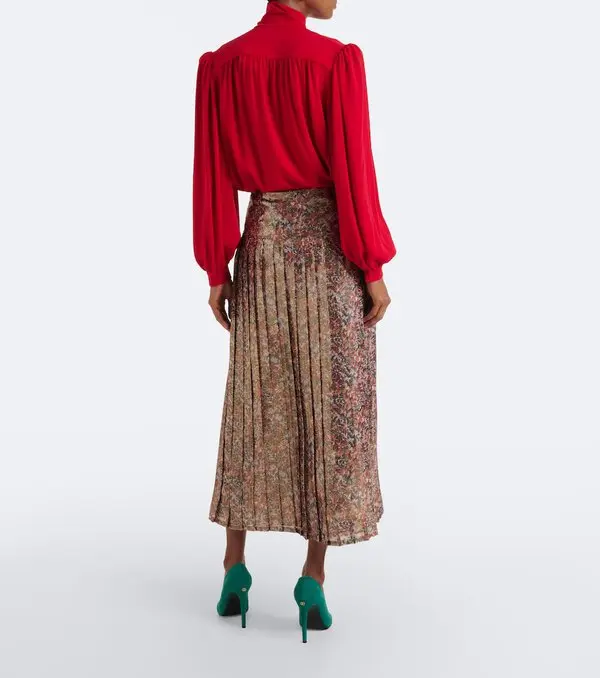 Valentino Garavani Floral Pleated Silk-blend Lame Midi Skirt - Multicoloured