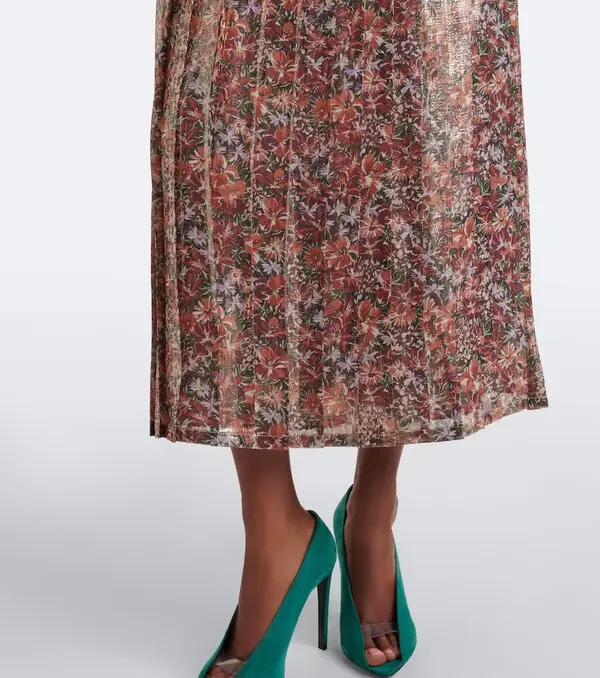 Valentino Garavani Floral Pleated Silk-blend Lame Midi Skirt - Multicoloured