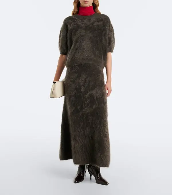 LISA YANG Asta Cashmere Midi Skirt In Dark Fern Brushed - Brown