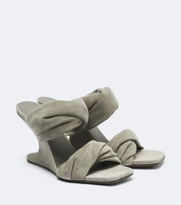 Rick Owens Twisted Cantilever Suede Wedge Mules - Grey