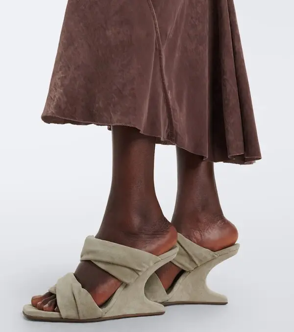 Rick Owens Twisted Cantilever Suede Wedge Mules - Grey