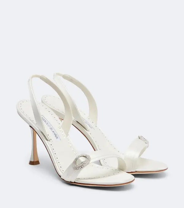 Manolo Blahnik Zutosan Embellished Satin Slingback Sandals - White