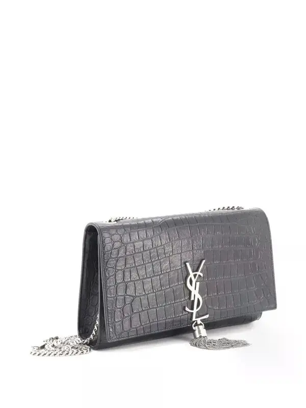 Saint Laurent Monogram Tassel Crocodile Embossed Leather Crossbody Bag - Black