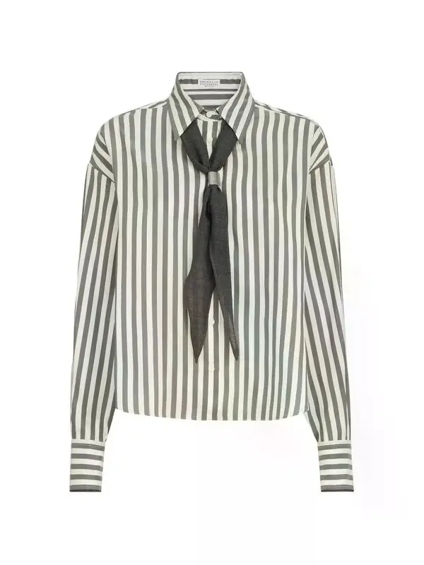 Brunello Cucinelli Striped Silk Poplin Shirt With Virgin Wool Foulard - White