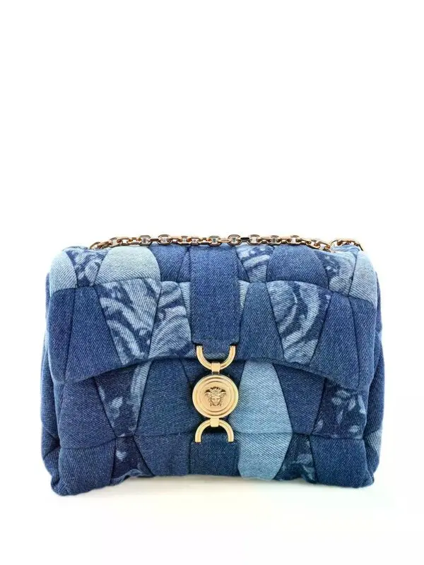 Versace Medusa Chain Flap Patchwork Denim Shoulder Bag - Blue