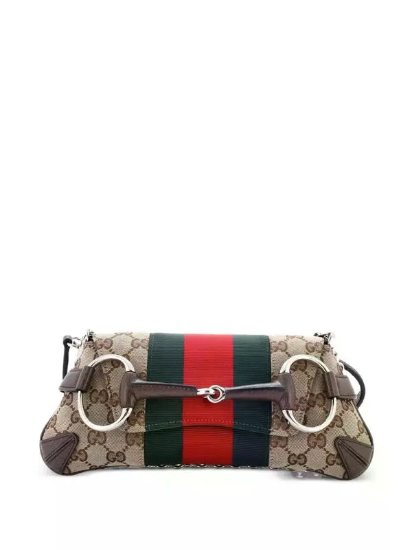 Gucci Horsebit Nm Web Chain Clutch Gg Canvas Small Shoulder Bag - Brown