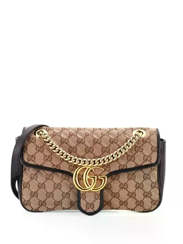 Gucci Gg Marmont Flap Bag Diagonal Quilted Gg Canvas With Leather Small Shoulder Bag - Black