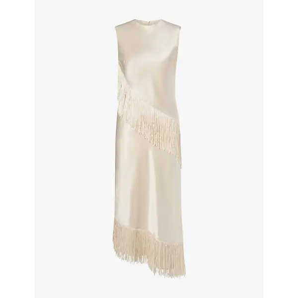 MALINA Lovis Fringed Satin Midi Dress - Pearl