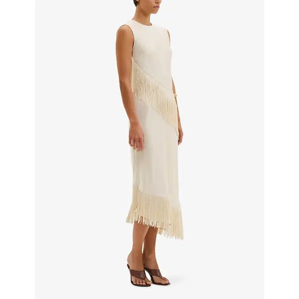 MALINA Lovis Fringed Satin Midi Dress