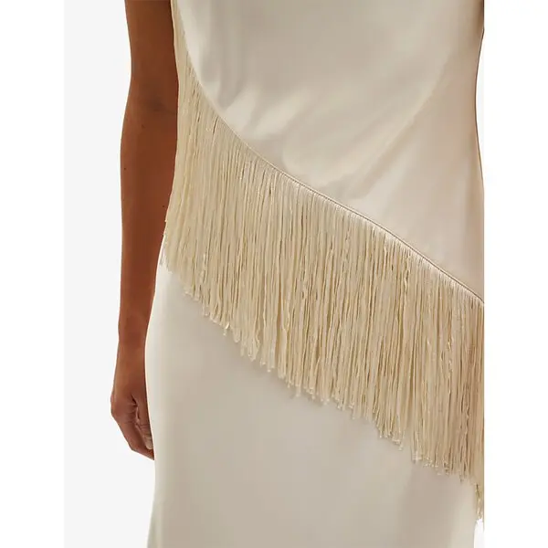 MALINA Lovis Fringed Satin Midi Dress