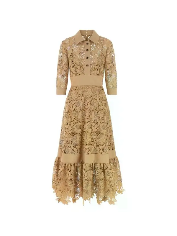 Elie Saab Floral Macramé Ruffled Midi Dress - Neutrals