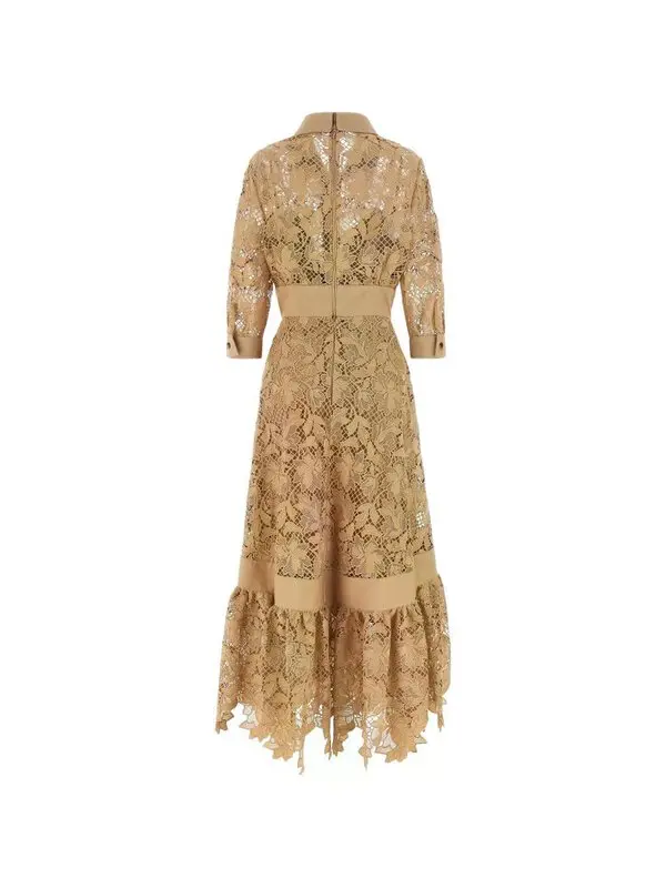 Elie Saab Floral Macramé Ruffled Midi Dress