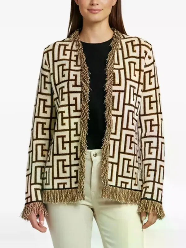 Balmain Monogram Jacquard Fringed Cardigan