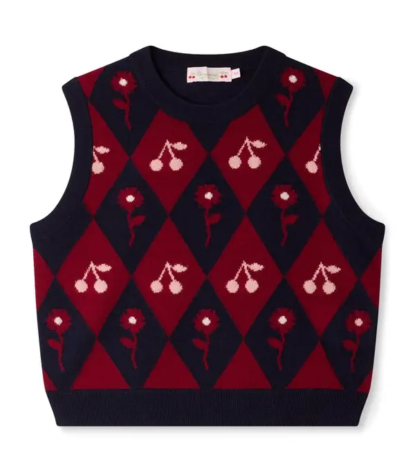 Bonpoint Wool Cherry Argyle Sweater Vest - Navy